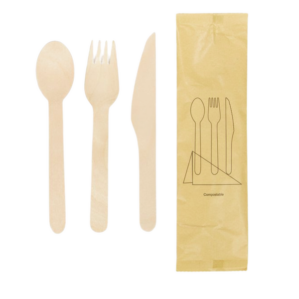 Eco-friendly birchwood cutlery set with paper pouch. - Prakritii